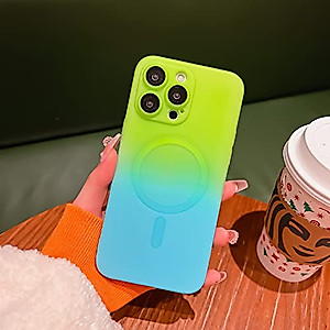 Ownest Compatible for iPhone 14 Pro Max Case with Magnetic Fitting for Magsafe Case Luxury Cute Soft Liquid Silicone Shockproof Full Camera Protector Cover Phone Case-Fluorescent Green