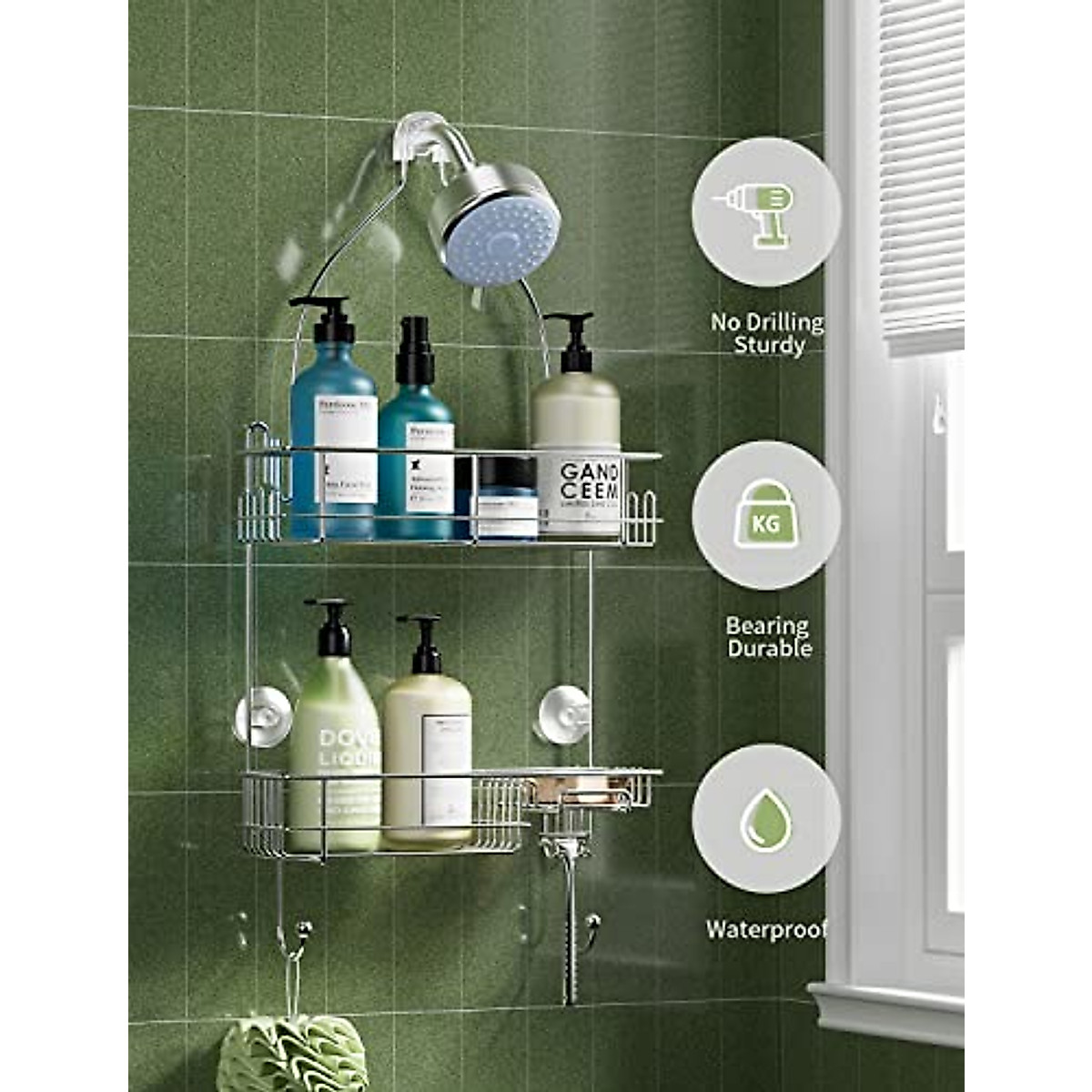 SHAPON Shower Caddy Hanging Over Shower Head Organizer, SUS202 Stainless Steel Rustproof Shower Shelf Organizer, Storage Rack for Bathroom and Shower Room, Silver