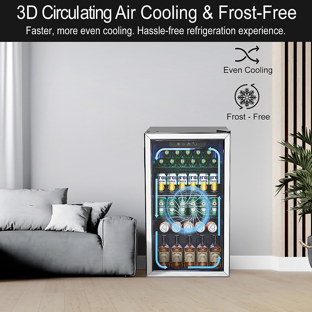 Feelfunn Beverage Refrigerator Cooler - 126 Can Mini Fridge Glass Door for Drinks Soda Beer Wine - Small Refrigerator for Office Bedroom Home Bar, 4 Adjustable Shelves, 3.2 Cu.Ft, Silver