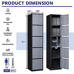 BYNSOE Metal Locker 5 Doors 71" Employees Locker Storage Cabinet Locker School Hospital Gym Locker Requires Assembly (Black Gray 5 Door-71)