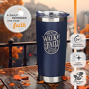 Christian Art Gifts Large Travel Tumbler for Men & Women Stainless Steel Vacuum Insulated Inspirational Scripture: Walk by Faith, Retractable Lid, Navy Blue, 18 oz.