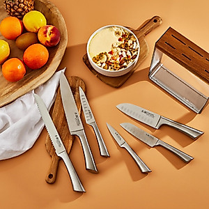 Cuisine::pro Damashiro Knife Block (Kinzoku, 7 Piece Set) - Japanese Steel Knife Block Set, Damascus Pattern with Glass Display Case