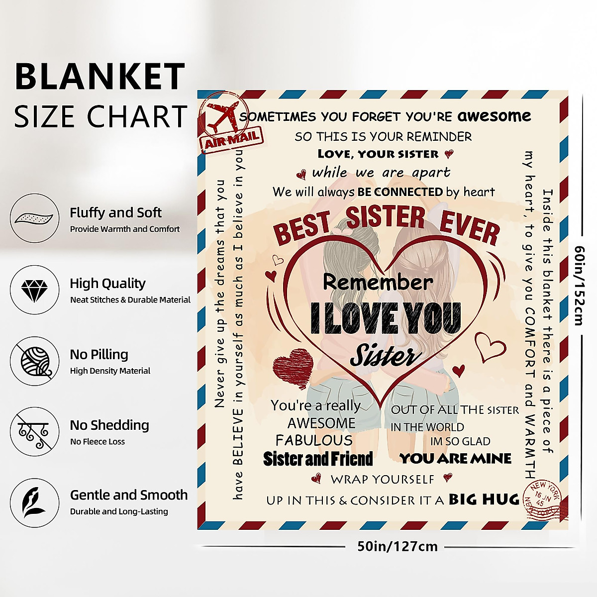 Guguden Sister Gifts Throw Blanket, Birthday Gift Ideal for Sisters, Unique Sister Blanket from Sister Girl Brother, Super Soft Flannel Throw Blankets for Christmas 60" x 50"
