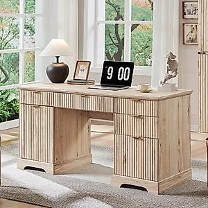 JXQTLINGMU 58" Modern Executive Desk with Storage, Wood Home Office Desk with 5 Drawers & 1 Cabinet, Fluted Computer Writing Desk for Study, Living Room, Bedroom, Natural Oak