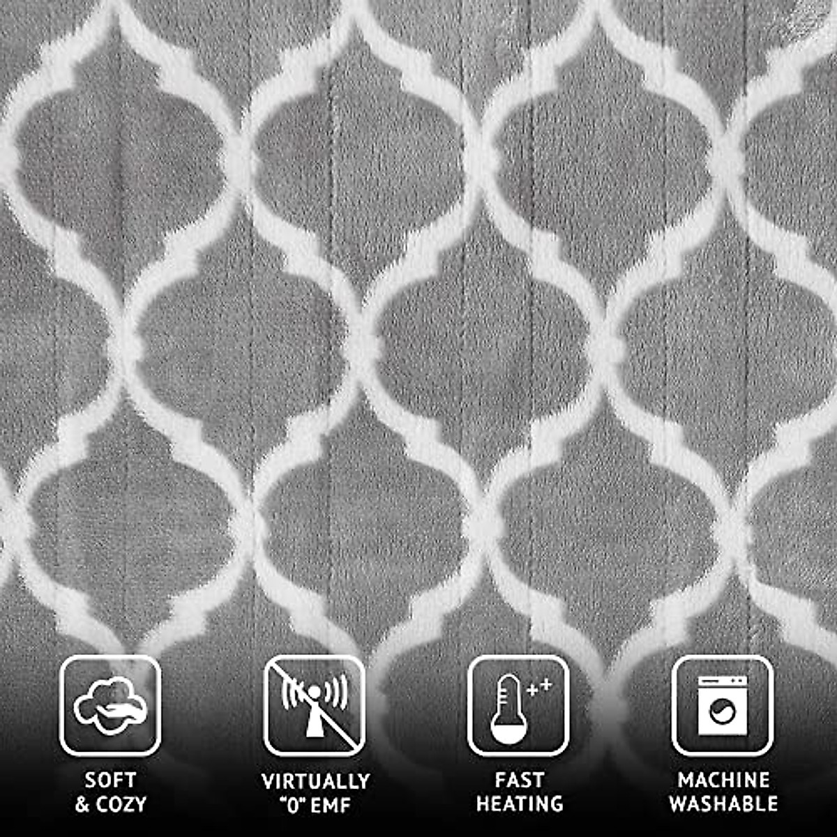 Beautyrest Ogee Printed Plush Electric Blanket for Cold Weather, Fast Heating, Auto Shut Off, Virtually Zero EMF, Multi Heat Setting, UL Certified, Machine Washable, Grey Oversized Throw 60x70