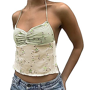 Women Y2K Cami Tank Top Spaghetti Strap V Neck Camisoles Summer Cute Sleeveless Crop Top Streetwear(E-Green Floral cami,S)