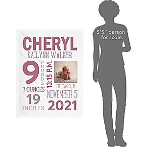 Yeh Gift Personalized Baby Photo Newborn Blanket with Birth Information for Girls & Boys. Customized Blanket from Baby's Name, Date, Weight for New Born, Dad Mom Grandparents (Pink)