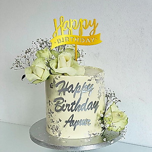 32 PCS Gold Happy Birthday Cake Toppers Flower Acrylic Gold Birthday Cake Topper Cake Pick Decorations for Birthday Party Cake Desserts Pastries (Gold)