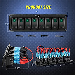 Nilight 8 Gang Rocker Switch Panel 5Pin On Off Toggle Switch Aluminum Holder 12V 24V Dash Pre-Wired Green Backlit Switches for Automotive Cars Marine Boats RVs Truck, 2 Years Warranty