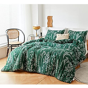 JANZAA Duvet Cover Queen Size,3 Pieces Floral Emerald, Botanical Green Duvet Cover,Microfiber Soft Bedding Set with Zipper Closure 4 Ties (2 Pillow Cases)