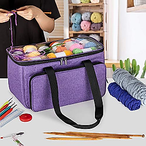 YARWO Knitting Yarn Bag, Crochet Tote with Pocket for WIP Projects, Knitting Needles(Up to 14”) and Skeins of Yarn, Purple (Bag Only)