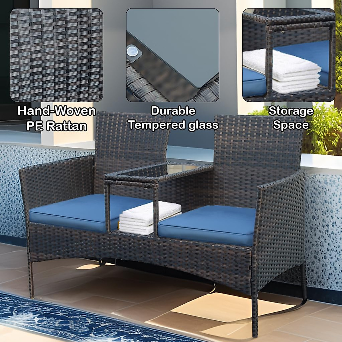 Outdoor Patio Rattan Loveseat with Cushions and Integrated Coffee Table - Weather Resistant 2 Seat Perfect for Garden, Lawn, and Backyard Leisure (Brown Rattan,Dark Blue Cushion)