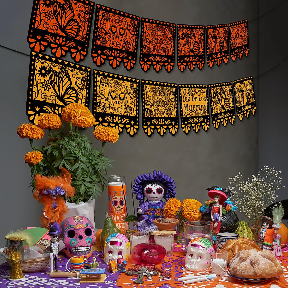 HOWAF 2 Strings Dia De Los Muertos Banners, Day of the Dead Sugar Skull Marigold Butterfly Decorations Picado Banners for Mexican Dia De Los Muertos Diwali Decor, Mexican Halloween Butterfly Hanging