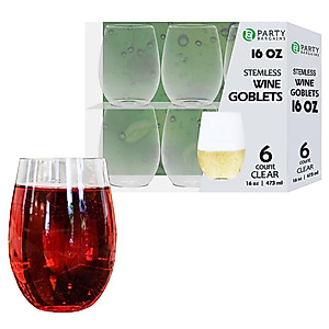 PARTY BARGAINS Stemless Goblet, 16 oz, Clear, 6 Pack, Heavy Duty Plastic Wine Glasses, Decorative Drinking Cups for Weddings, Baby Showers, Barware, Drinkware