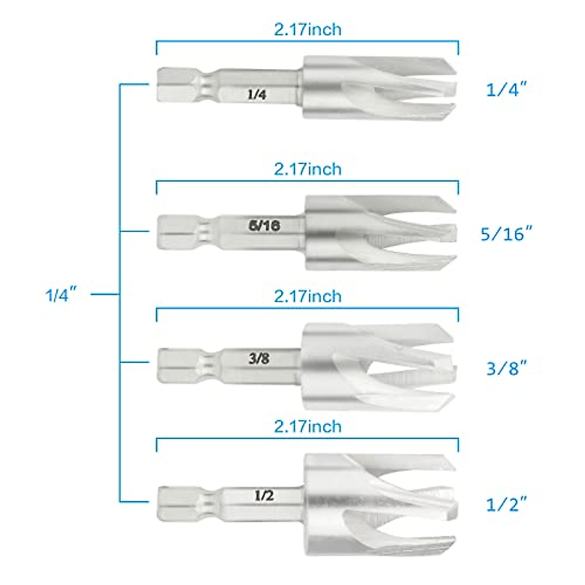 Wood Plug Cutters, 8 Pcs Straight and Tapered Plug Cutter Set 1/4", 5/16”, 3/8", and 1/2" Taper Cutting Tool Cork Drill Bit Knife Set with 1/4 Hex Shank
