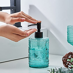 Teal Blue Glass Bathroom Accessories Set with Decorative Pressed Pattern - Includes 2 Hand Soap Dispenser & Tumbler & Soap Dish & Toothbrush Holder (Teal Blue)