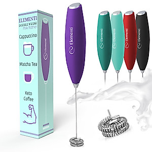 Elementi Milk Frother Wand with Double Whisk - Coffee Frother Electric Stirrer - Matcha Whisk & Drink Mixer Handheld - Hand Held Milk Frother & Electric Whisk for Coffee (Purple)
