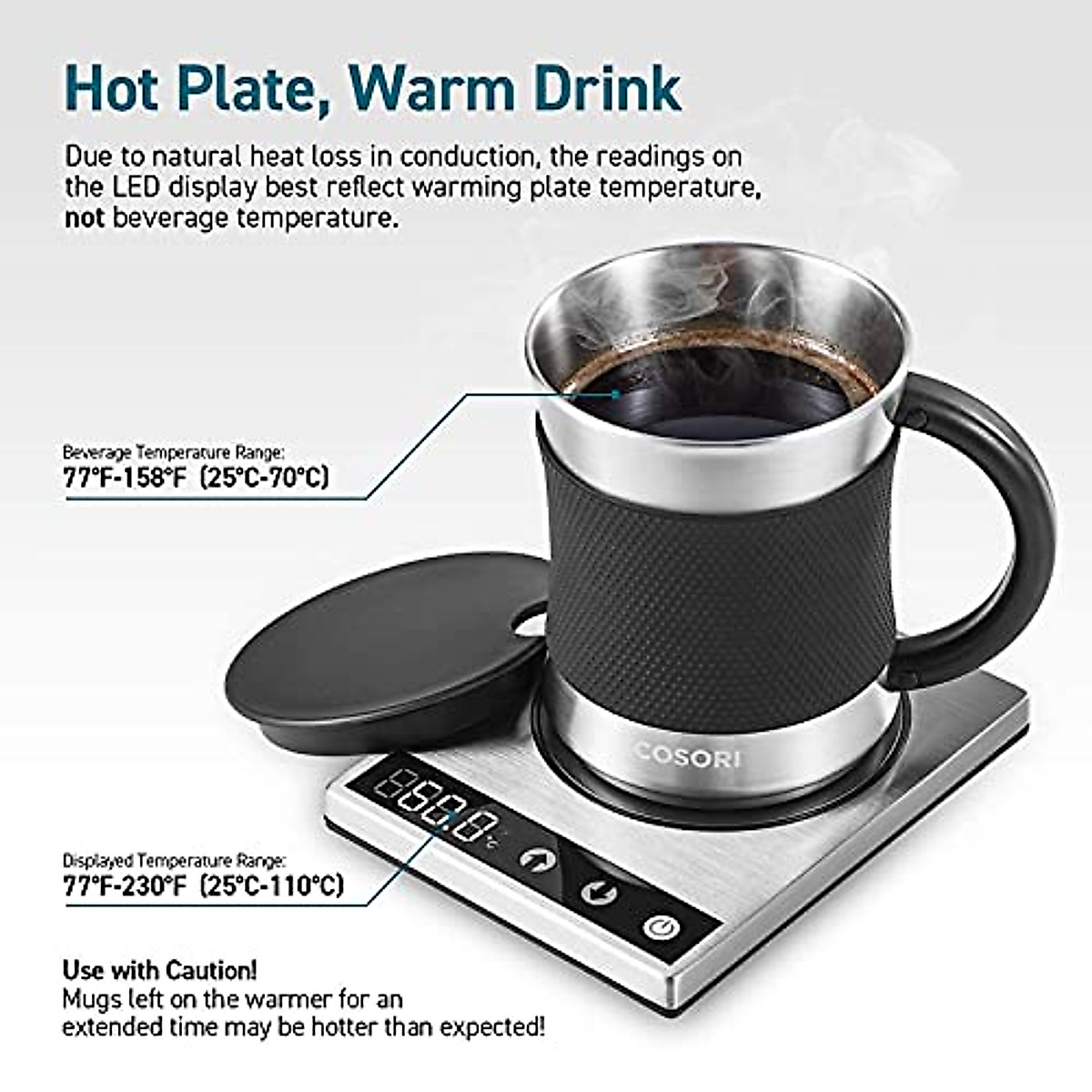 COSORI Coffee Mug Warmer & Mug Set, Beverage Cup Warmer for Desk Home Office Use, Coffee gifts, Electric 24 Watt, Touch Tech & LCD Digital Display, 304 Stainless Steel, 17 oz, Mug lid