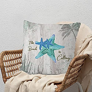 WoGuangis Beach House Throw Pillow Cushion The Beach is Calling Starfish White Linen Pillow Covers Starfish Sea Life Farmhouse Toss Pillows with Zippe for Sofa Living Room 20x20in Housewarming Gift