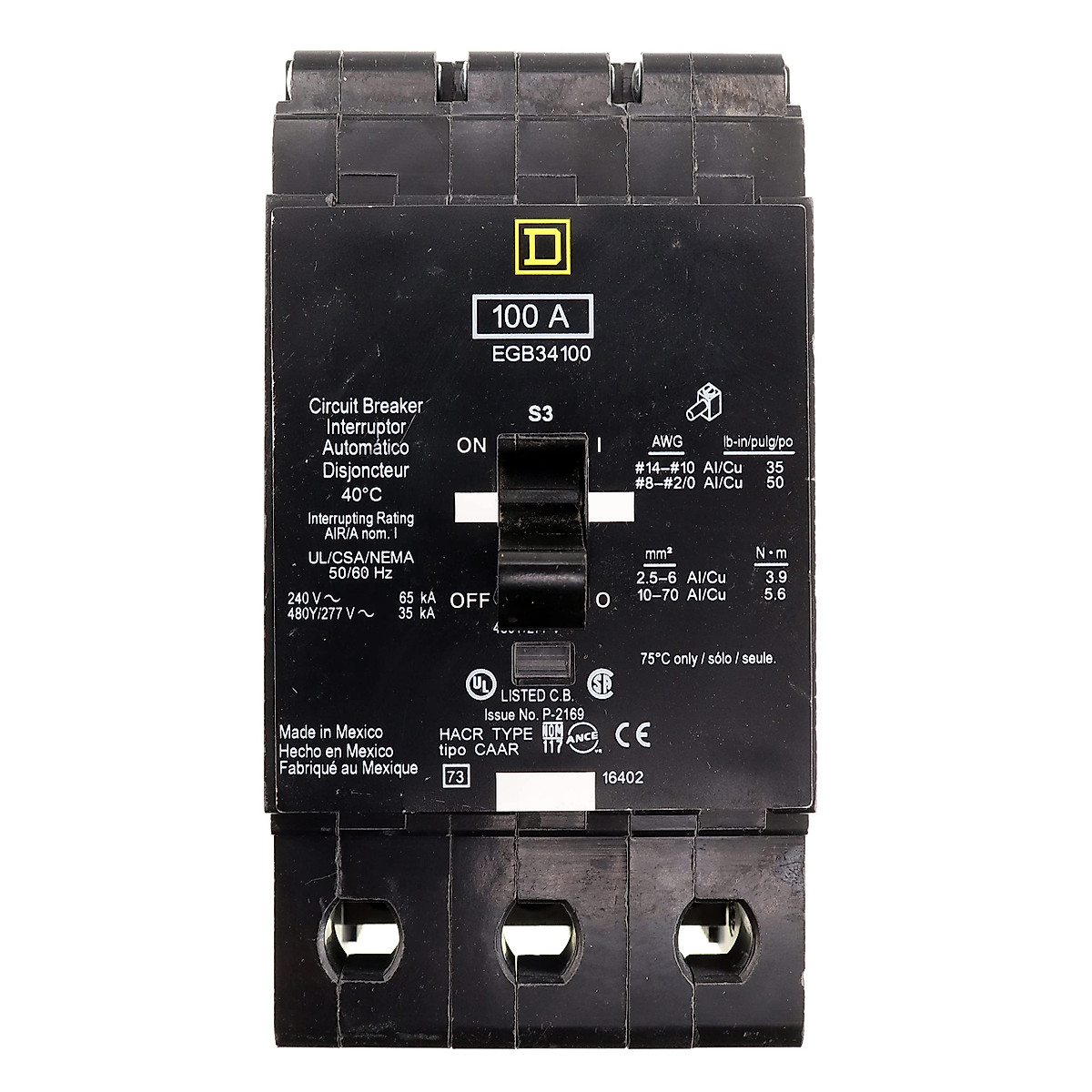 Square D EGB34100 Circuit Breaker, EGB-Frame, 3-Pole, 240V 65kA, 480Y/277V 35kA, 100-Amp