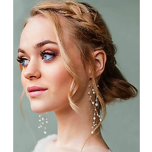 Denifery Earrings Dainty Bridal Earrings Bohemian Bride Unique Wedding Earrings Vine-Like Earrings Minimalist Wedding Earrings Bridal Vine Earrings Pearls Bridal Tiara (Silver)