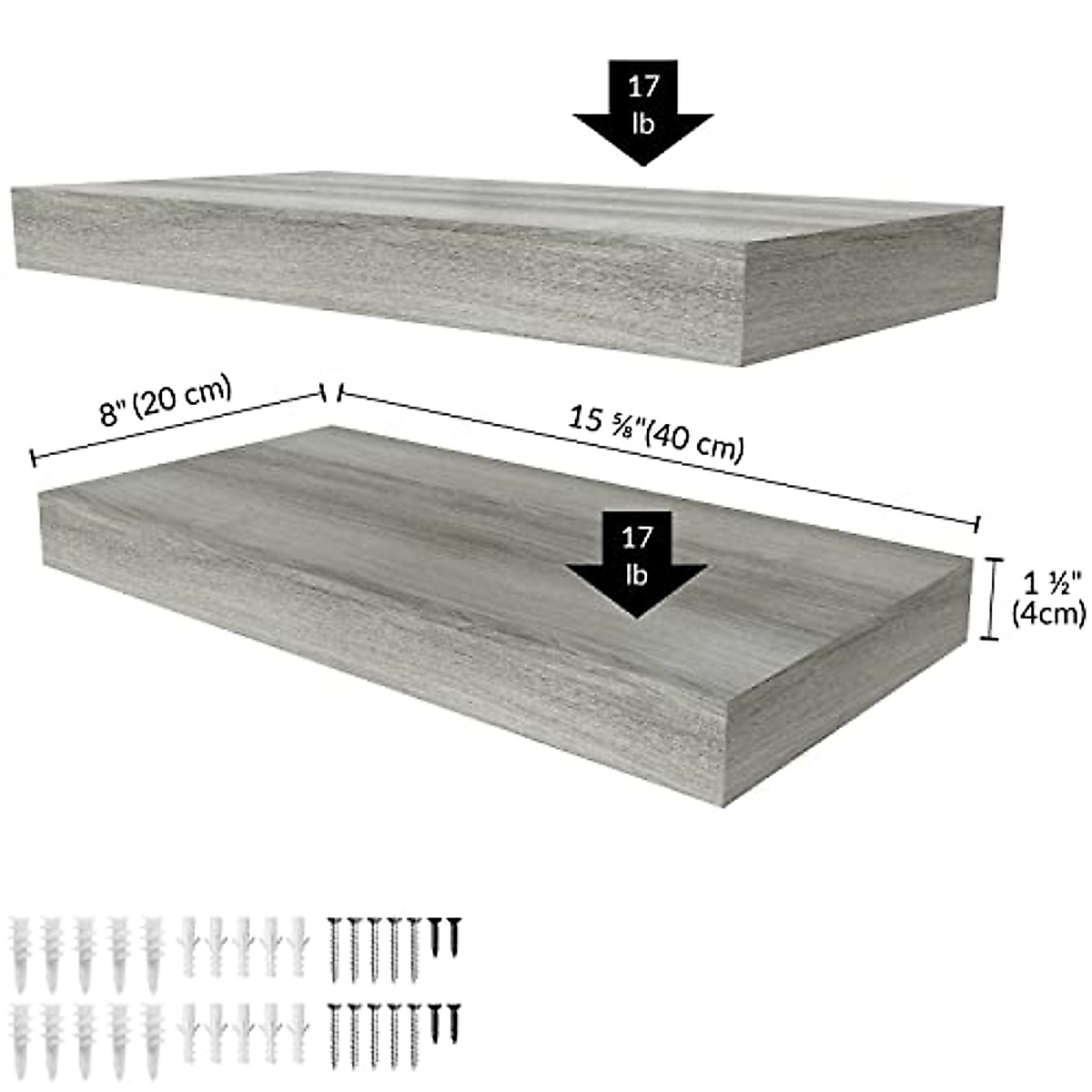 Ballucci Floating Shelves Set Extra Wide, 2-Pack 16" L Wood Wall Mounted Ledges with Invisible Brackets for Living Room, Bedroom, Bathroom, Kitchen, Nursery, 8" Deep - Gray Oak