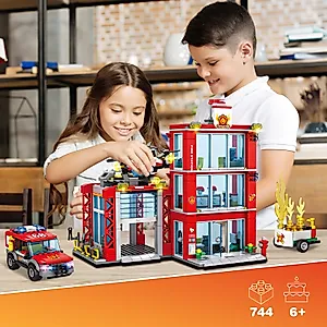 WishaLife City Fire Station Building Blocks Set, Fire Truck, Helicopter, Drone, Rescue Gear, Fire Command Center Playset, Firefighters Roleplay Toy Gifts for Kids Boys Girls Ages 6+ (744 Pieces)