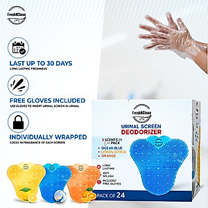 Urinal Screen Deodorizer - (24 Pack) Anti-Splash Urinal Cakes - Odor Protection Urinal Screens - Long-Lasting Urinal Deodorizers for Bathrooms in Offices, Schools and Stadiums - Free Gloves Included