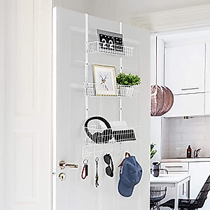 Over The Door Basket Organizer 3 Tier Hanging Kitchen Storage Rack Heavy Duty Pantry Organizer with 3 Basket and 5 Hooks Door Back Metal Wire Basket for Kitchen, Bathroom, Office, White