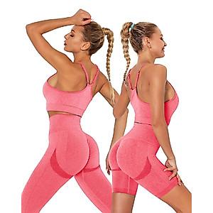 3 Piece Workout Sets for Women Scrunch Butt Lift Leggings Shorts with Pleated Strappy Sports Bra Active Outfits (Pink- 3 Piece,M)