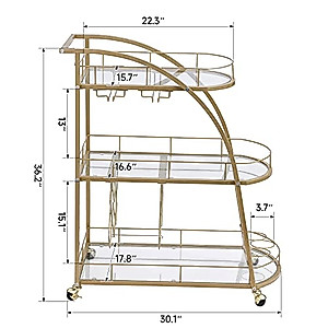 Angel Sar Gold Bar Cart on Wheels, 3 Tier Home Bar Serving Cart with 3 Glass Shelves, Wine Racks, Glass Holders, for Kitchen, Dining Room