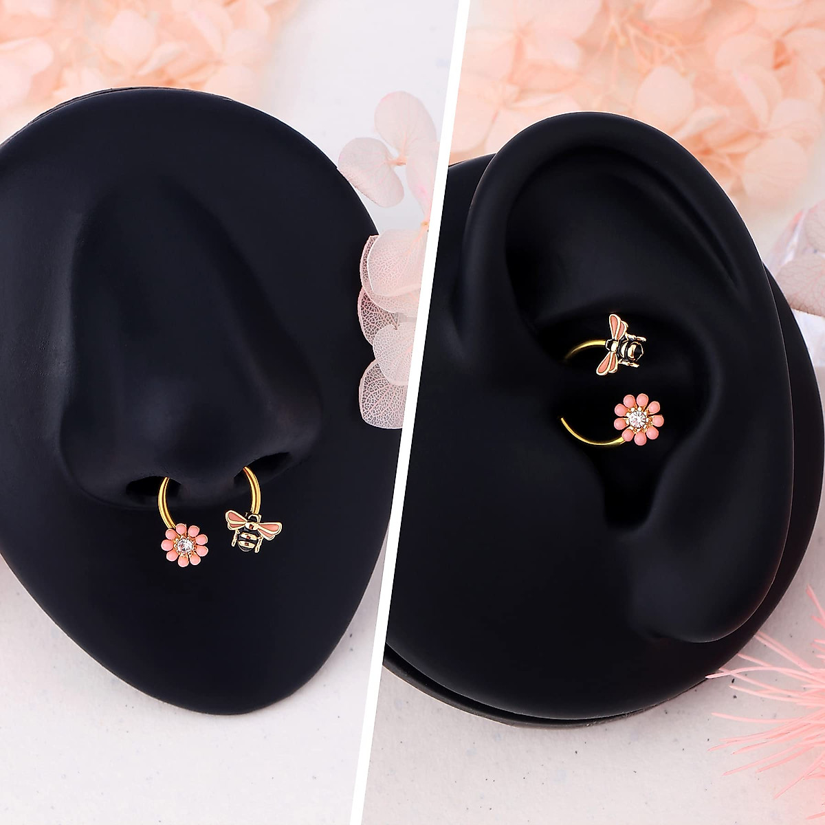 CM Crareesi Mania Cute Bee Septum Rings 16G Septum Piercing Jewelry 316L Stainless Steel Daith Piercing Jewelry Gold Helix Piercing Jewelry Epoxy Flower Cartilage Earrings