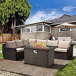 Propane Fire Pit Table Outdoor: 44" 60000BTU Auto-Ignition Propane Fire Pits Table with Wind Guard Square Large Wicker Propane Firepits Rattan Fire Pits Table for Patio Garden Dinning (CSA Certified)