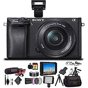 Sony Alpha a6300 Mirrorless Camera with 16-50mm Lens Black ILCE6300L/B with Bag, Filters, 2X Extra Batteries, Rode Mic, LED Light, External HD Monitor, 2X 64GB Cards, Plus Essential Accessories
