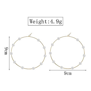 Doubnine Large Hoops Super Huge Circle Pearls Earrings Thin Dangle Gold Silver Elegant Wedding Women Accessories Jewelry Gift for Her (90mm gold)