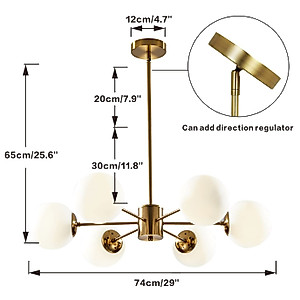 KCO Lighting 6-Light Globe Sputnik Chandelier Milk Glass Modern Gold Chandelier Light Fixture Mid Century Sputnik Chandeliers Pendant Lighting Brushed Brass Chandelier (Gold+White)