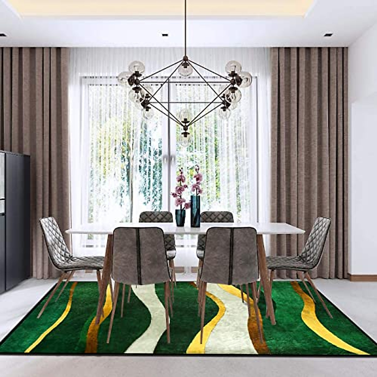 Dark Green Gold Area Rugs,Modern Area Rug Luxury Emerald Green Gold Geometric Floor Carpet,Rug with Non-Slip Backing for Living Room Bedroom Home Office Floor Rug, 5.25 ft x 7.55 ft