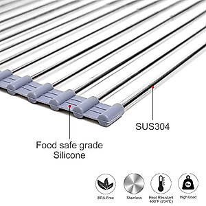 TOSUKAI Rollup Dish Drying Rack Over The Sink Stretchable Dish Drying Rack Telescopic Dish Rack Foldable for Kitchen (11-20 inch, Grey)