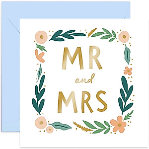 Old English Co. Floral Wreath Mr and Mrs Card - Pastel Gold Foil Wedding Card For Bride and Groom | Engagement For Happy Couple on Big Day | Blank Inside & Envelope Included (Mr and Mrs)