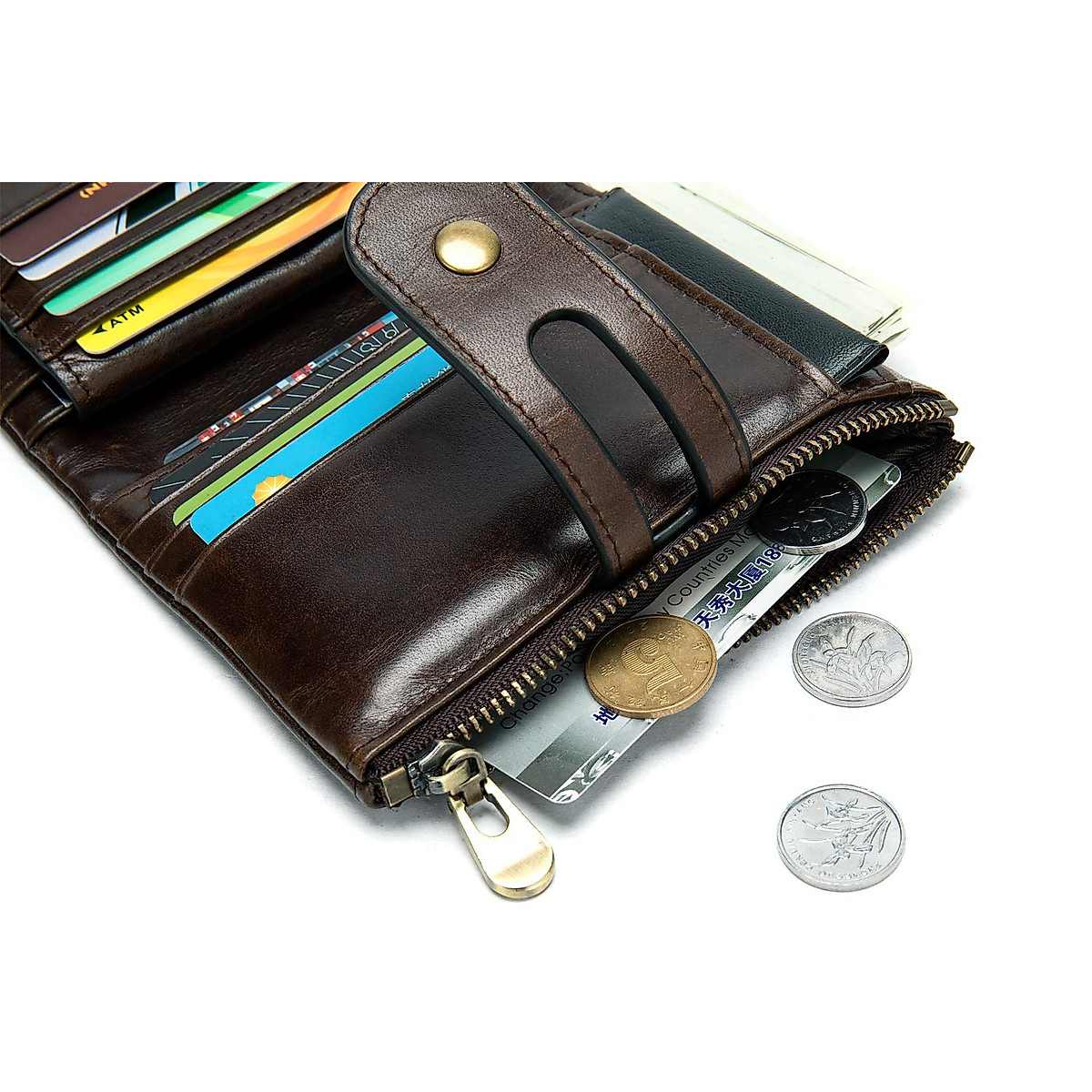 NIUCUNZH Genuine Leather Soft Bifold Rfid Wallets for Men Coin Purse Keychain Snap Zip Wallet with Chain Coffee