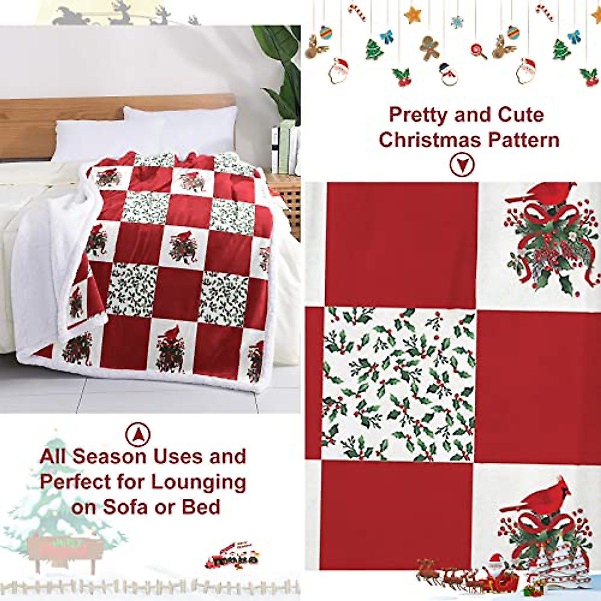 Christmas Sherpa Fleece Twin Size Blanket, Cardinals Birds Stitching Plaid Fuzzy Soft Lightweight Breathable Bed Sofa TV Couch Blanket - 60'x80'