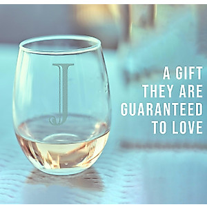 Monogram Etched 17oz Stemless Wine Glass (Letter J) A-Z Personalized gifts for Women, Custom wine glasses, Monogrammed Birthday gift for Her Initial