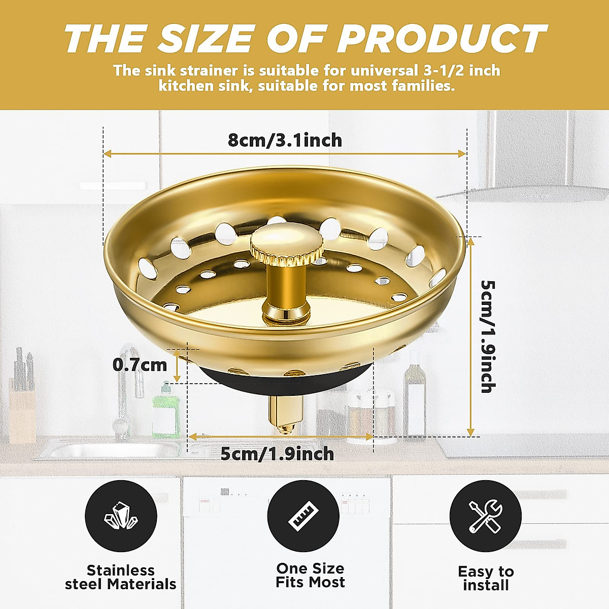 Retisee 2 Pcs Gold Kitchen Sink Stopper Strainer Stainless Steel Sink Filter for Universal 3-1/2 Inch Kitchen Sink Drain Replacement