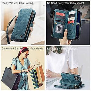 Defencase for iPhone 13 Pro Max Case, iPhone 13 Pro Max Case Wallet for Women Men, Durable PU Leather Magnetic Flip Lanyard Strap Wristlet Zipper Card Holder Phone Cases for iPhone 13 Pro Max, Blue