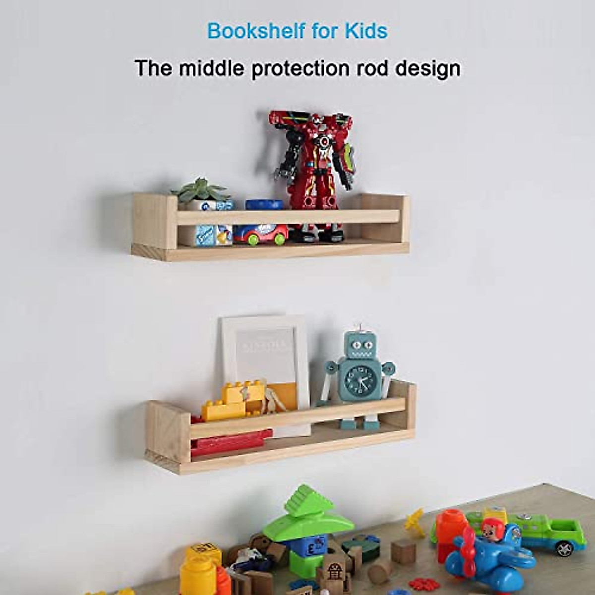 JORIKCHUO Nursery Book Shelves, Set of 2 Wood Floating Book Shelves for Kids Room, Kitchen Spice Rack, or Rustic Wall Mounted Shelves for Farmhouse Bathroom Decor (Natural Wood)