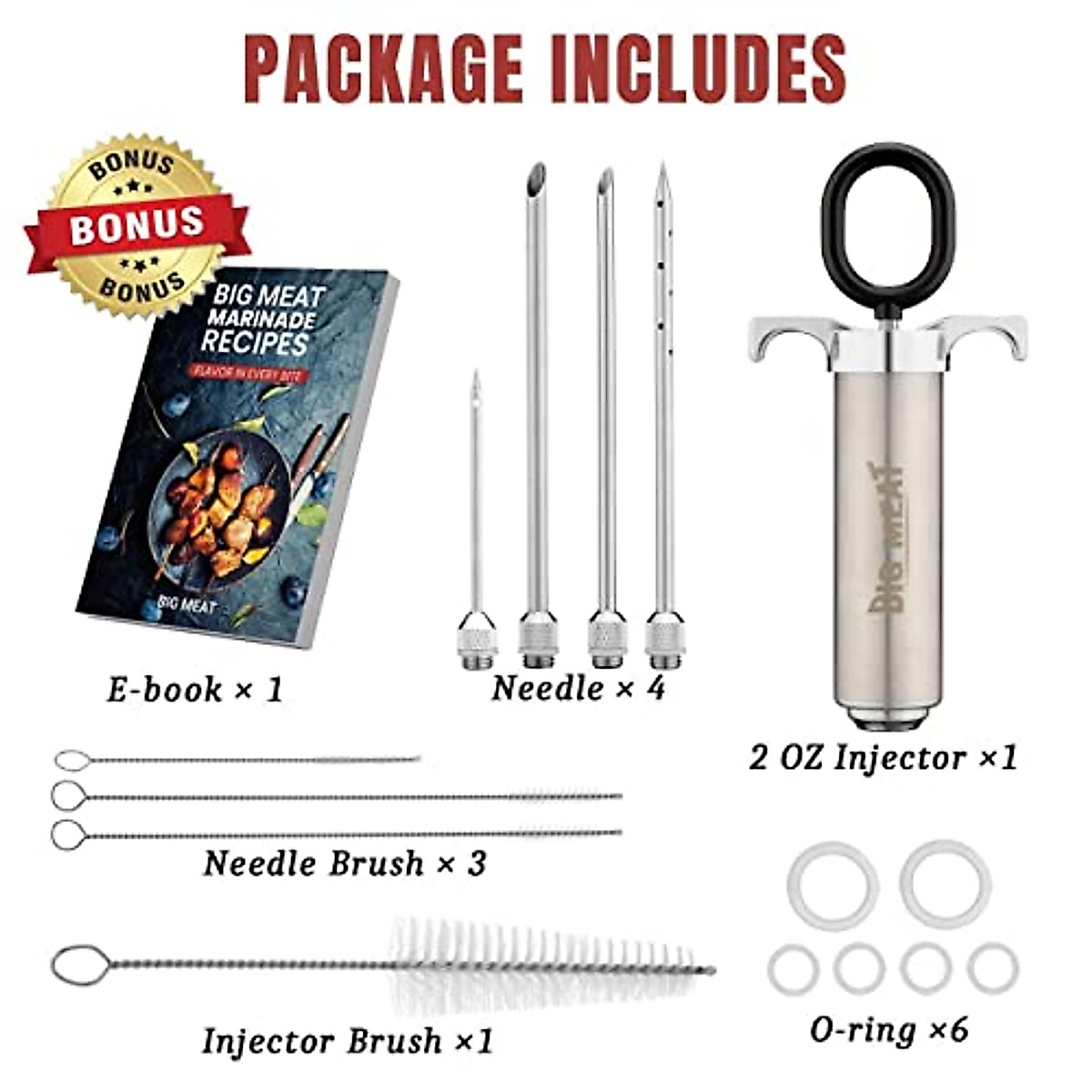 Big Meat Injectors For Smoking - Stainless Steel Meat Injector Syringe Kit, 2oz Large Capacity with 4 Marinade Injector Needles, Flavor Injector and E-Book Recipes