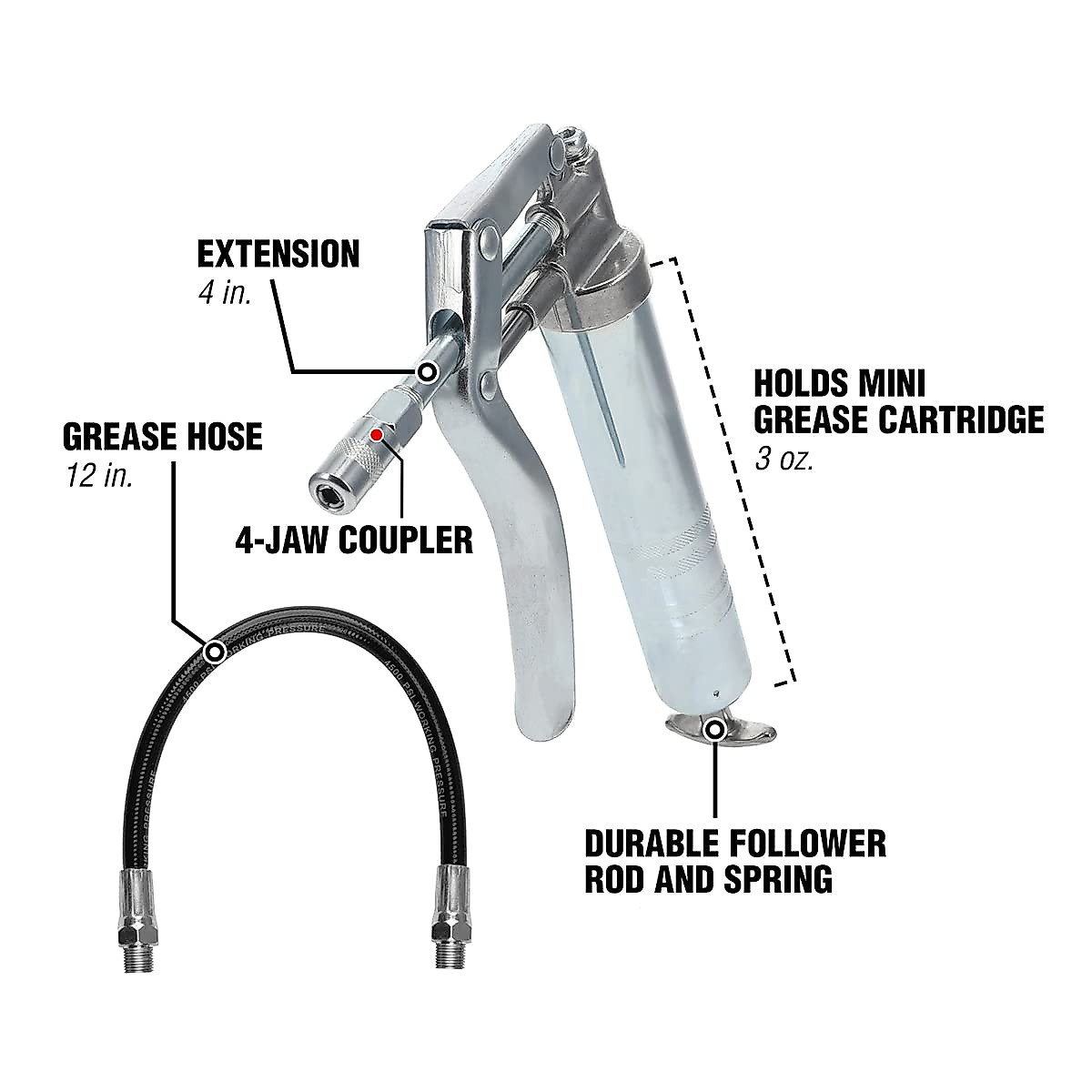 Workforce Mini Grease Gun, for 3 oz. Cartridges, 12 In. Flexible Extension, 4 In. Rigid Extension - L1305