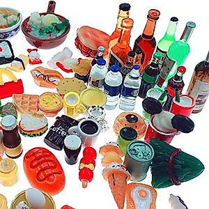 SIX VANKA Miniature Food Drinks Toys 110pcs Mixed Resin Pizza Hamburgers French Fries Wine Decoration Tableware Doll house for Adults Childrens Pretend Play Kitchen Cooking Game Birthday Party Present