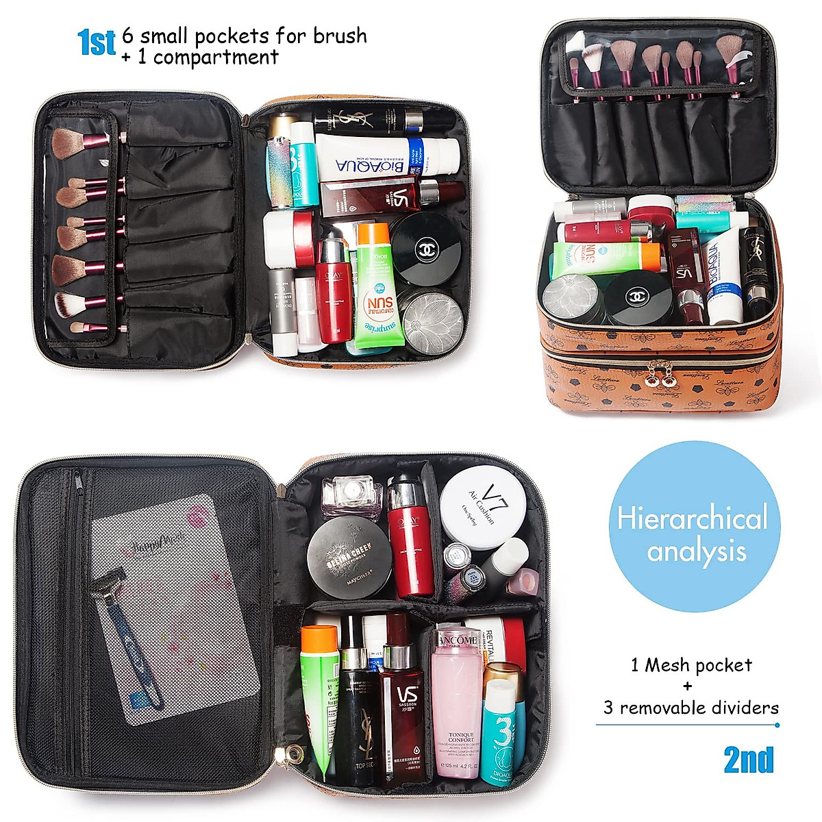 LACATTURA Double Layer Makeup Bag for Women, Leather Travel Toiletry Bag, Large Cosmetic Case with Adjustable Divider, Portable Make Up Organizer, Brush Holder, Beauty Storage Bags for Girls, Brown