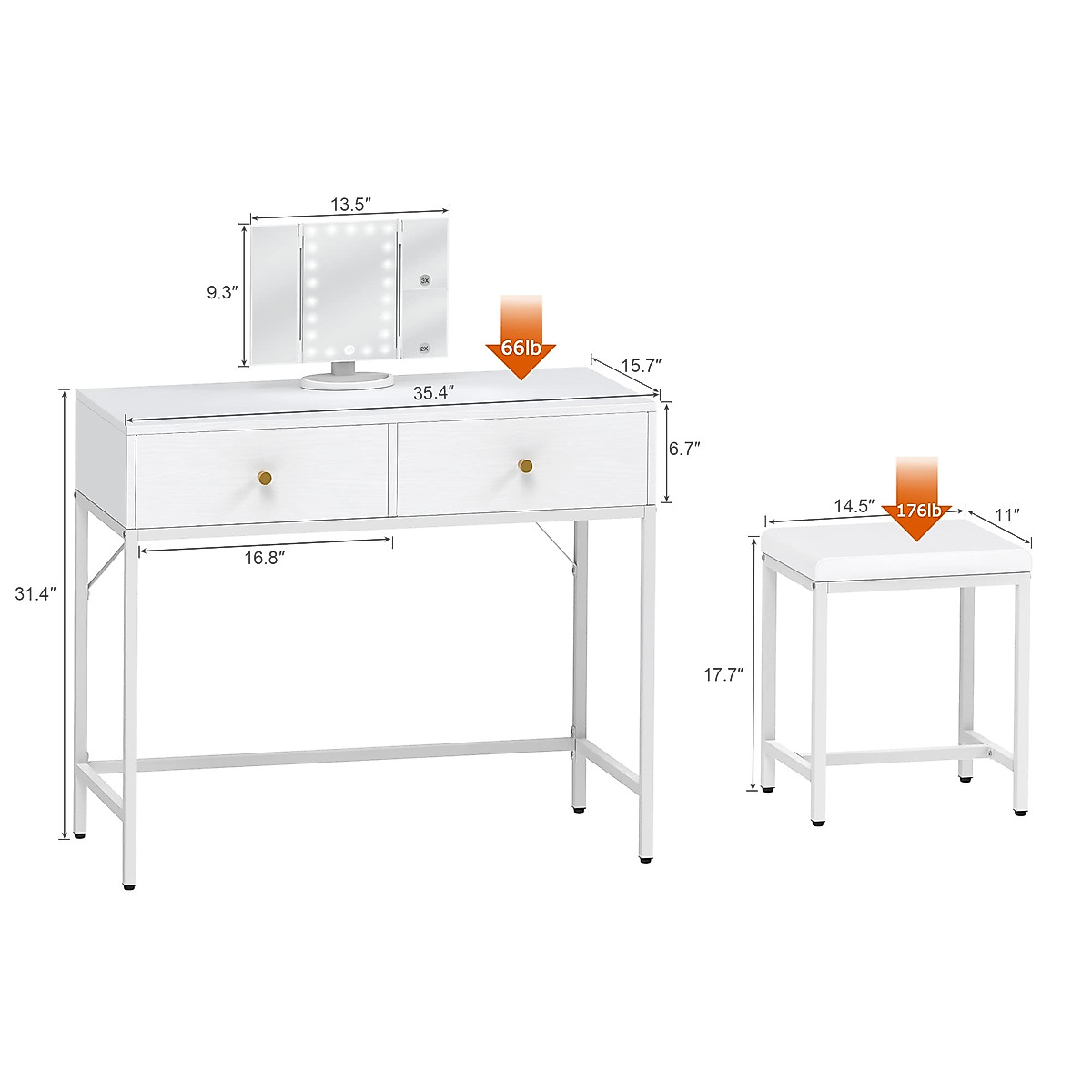 SUPERJARE Vanity Desk, Makeup Vanity with Lighted Mirror, White Desk with Drawers, 35.4 Inches Makeup Vanity Desk with Lights, for Bedroom, White